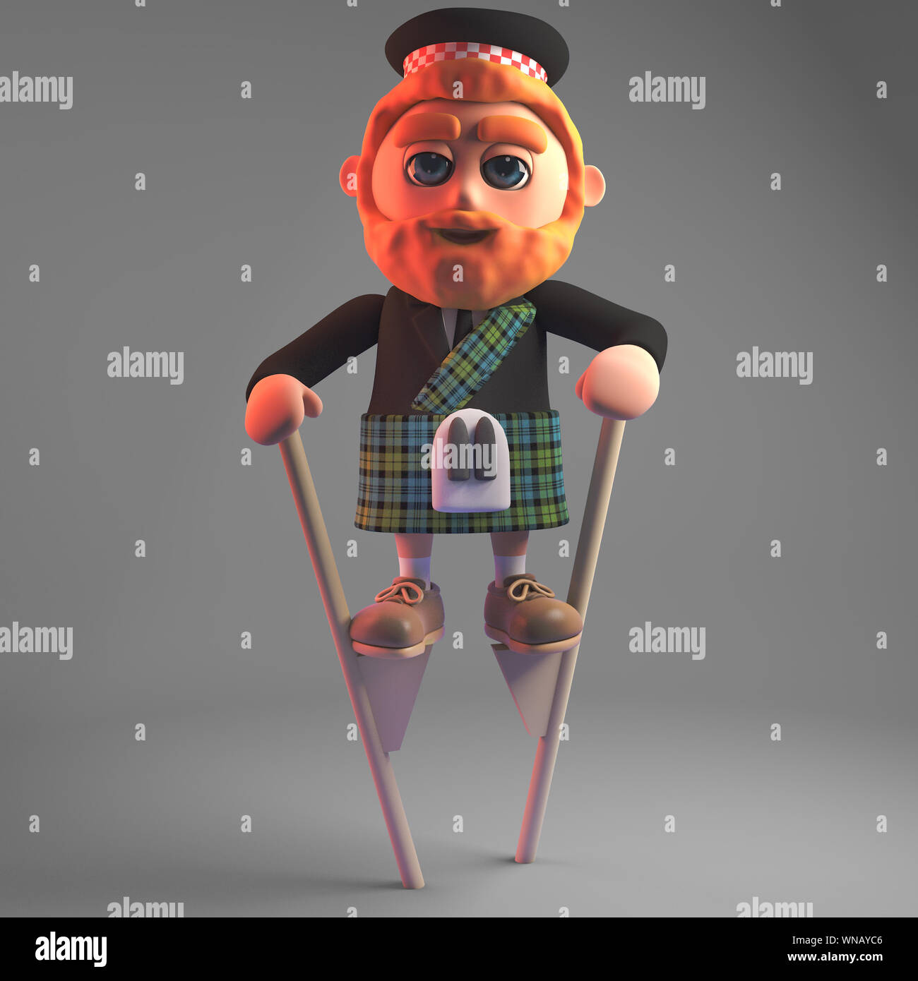 Funny cartoon 3d Scottish man in kilt using stilts, 3d illustration ...