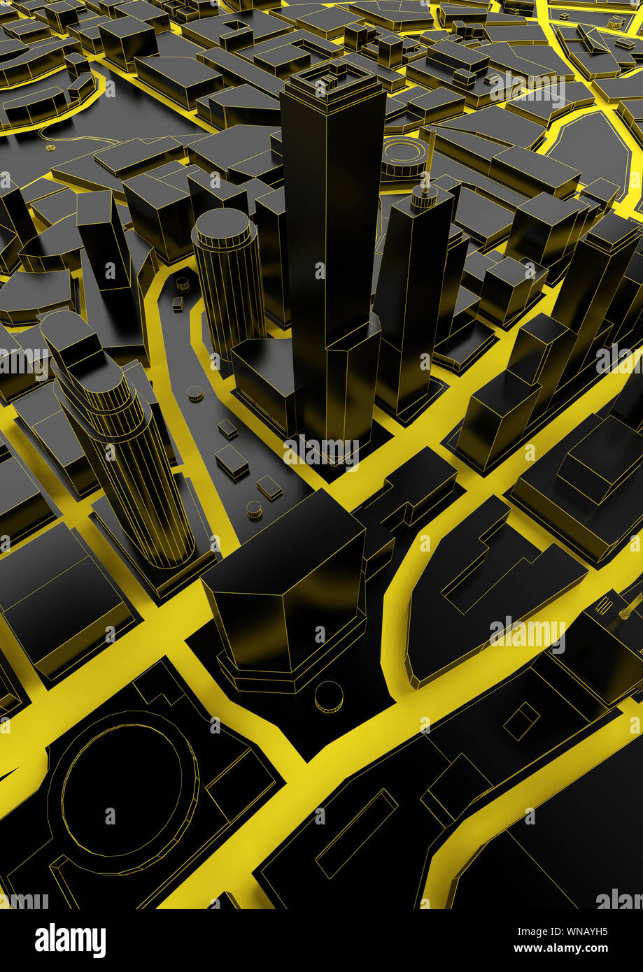 black low poly city with yellow roads. 3d rendering Stock Photo - Alamy