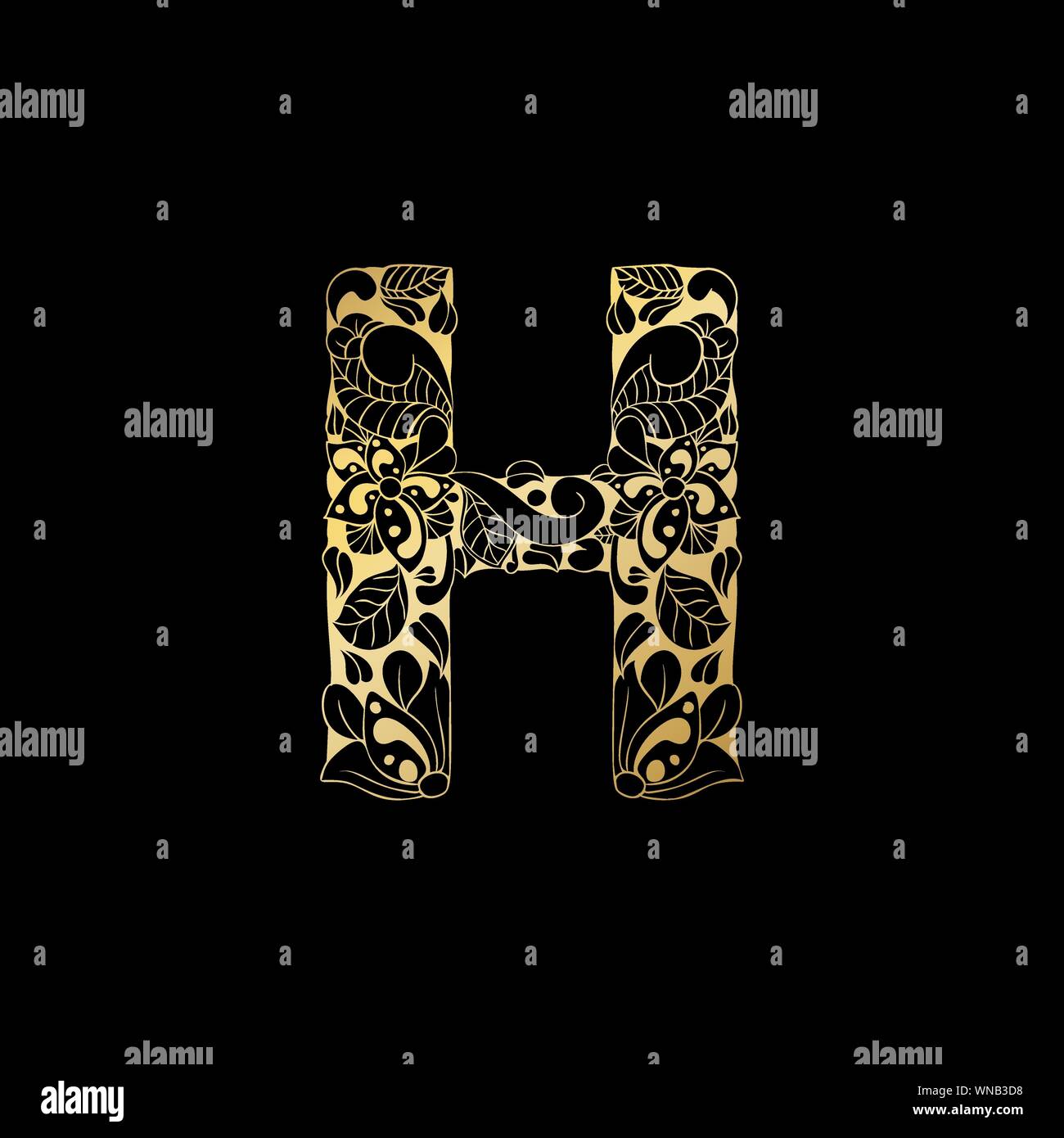 Golden Floral Ornamental Alphabet, Initial Letter H Font. Vector ...