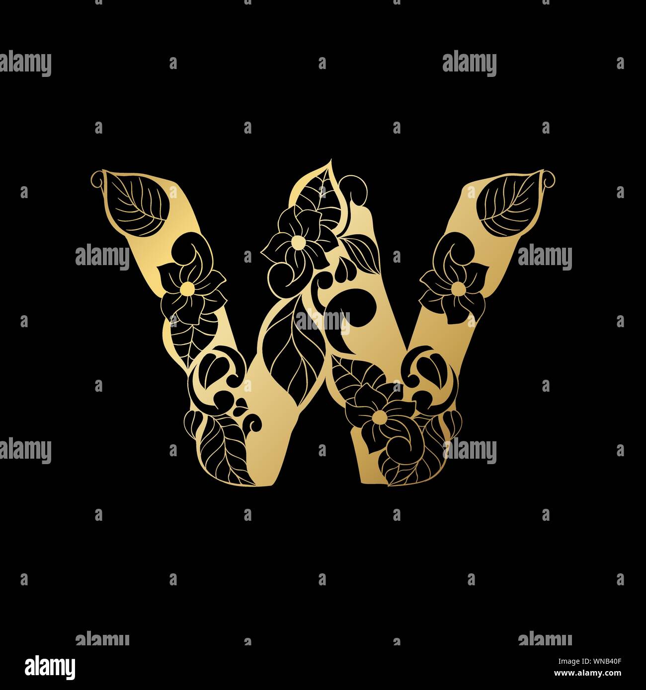 Golden Floral Ornamental Alphabet, Initial Letter W Font. Vector ...