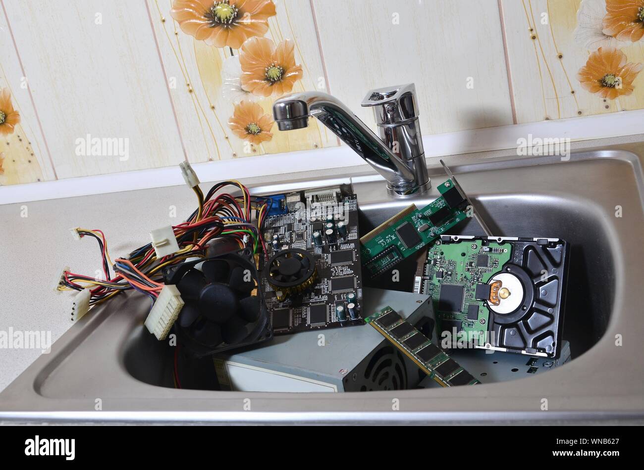 Personal computer cleaning metaphoric concept. Hardware in kitchen sink ...