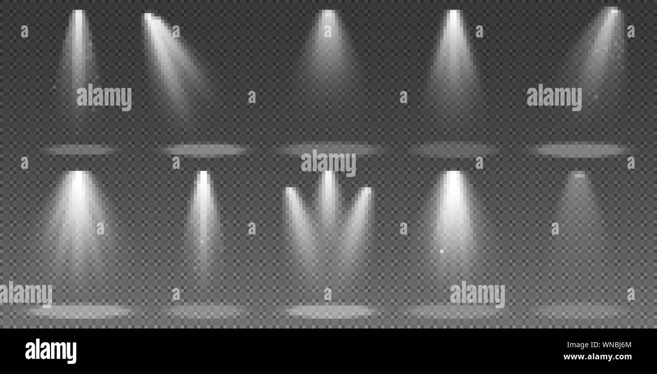 Set of spotlights isolated on transparent background. Floodlight for the podium. Light effects ...