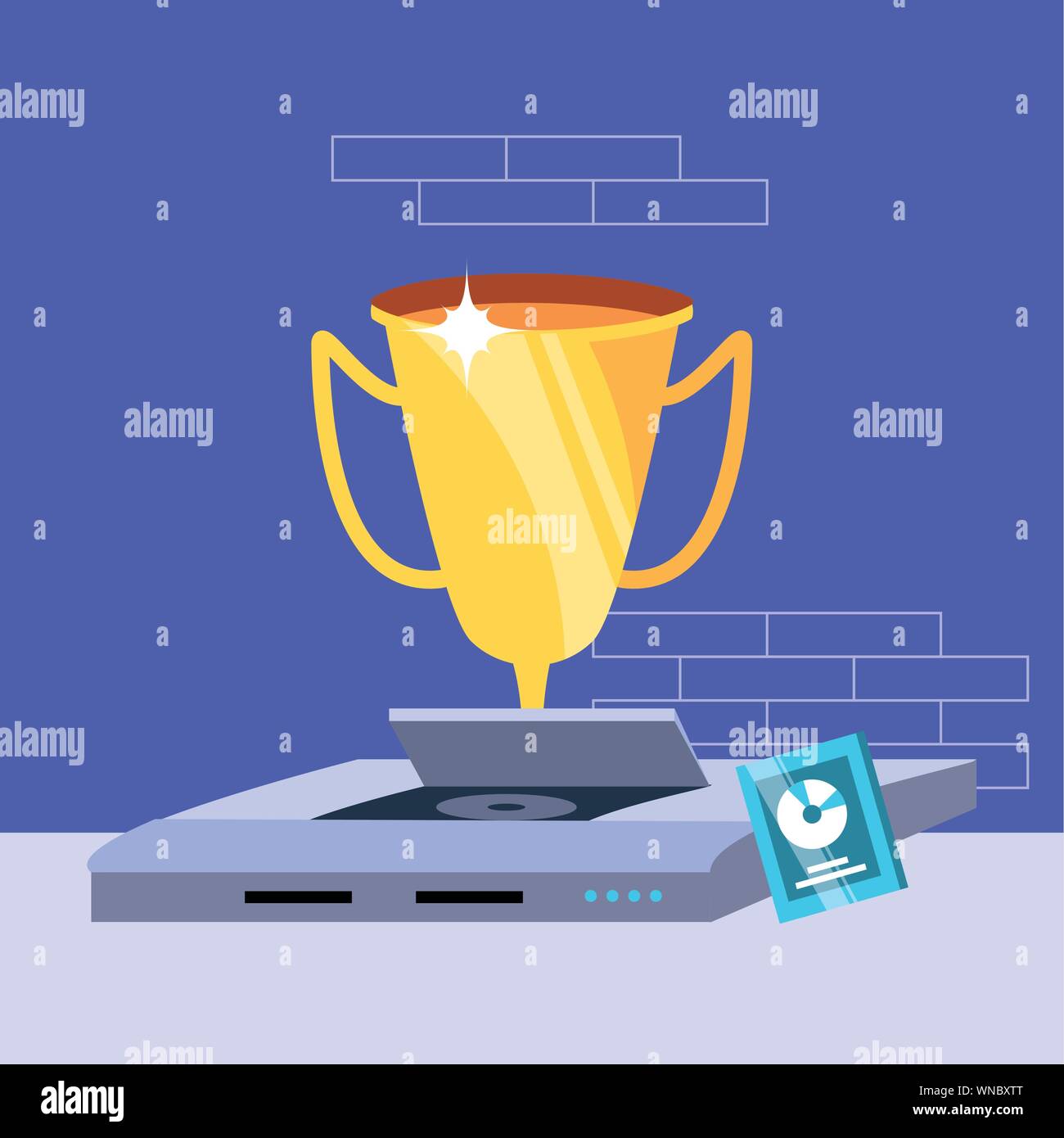 video game console with compact disk and trophy vector illustration ...