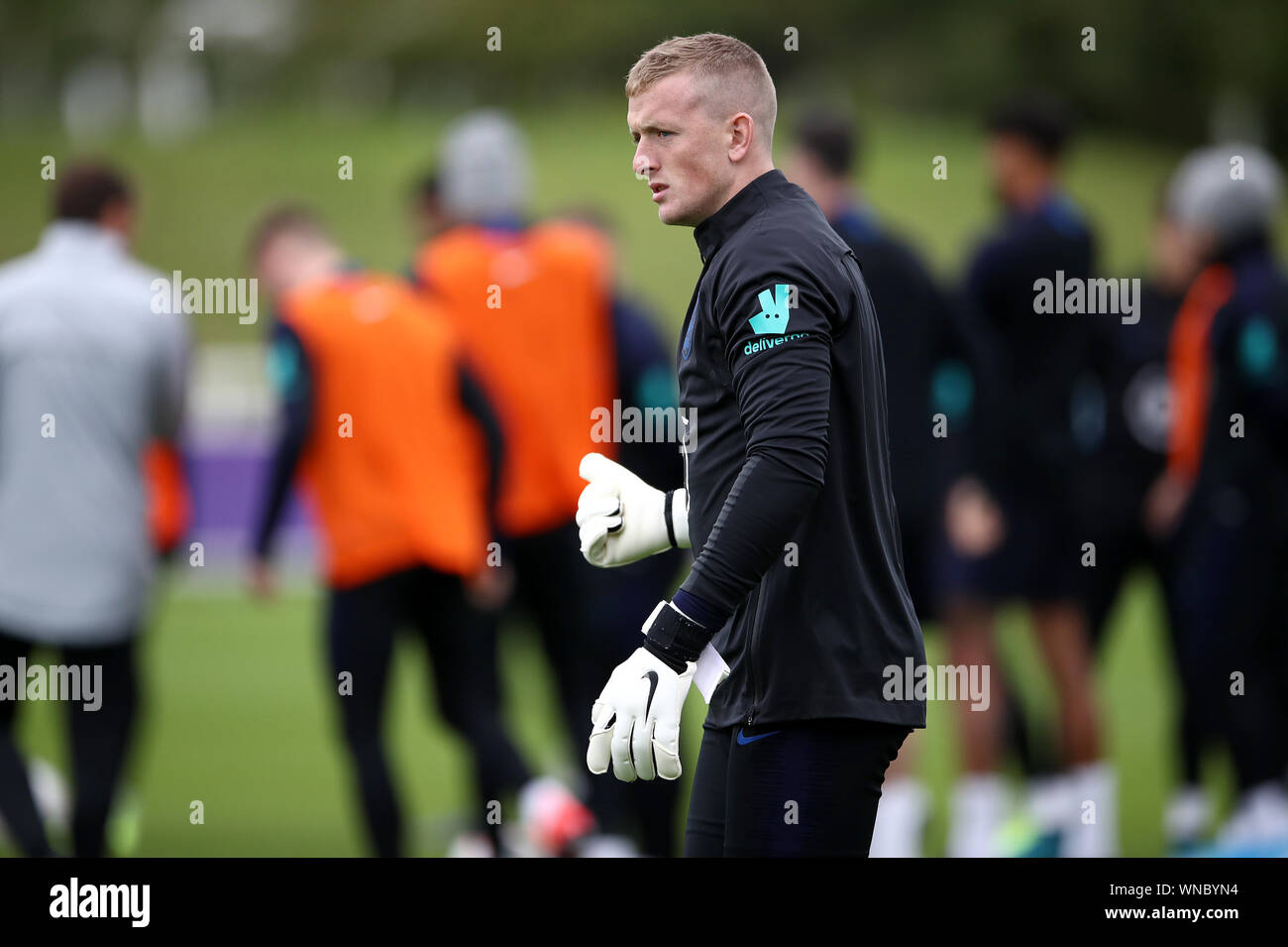 England goalkeeper Jordan Pickford during a training session at St ...