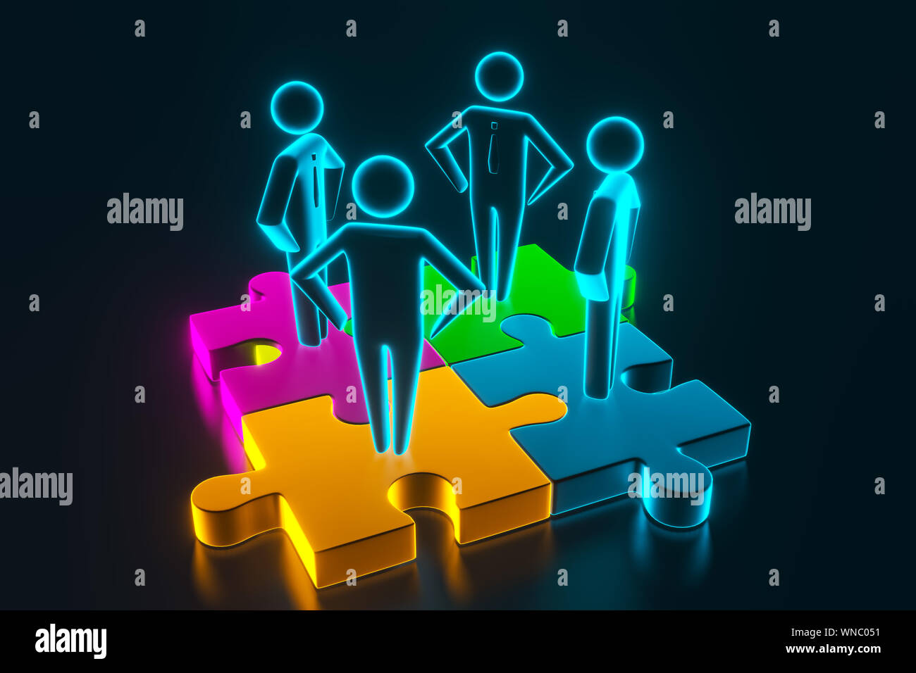 Four 3d man are standing on pieces of the puzzle. Teamwork concept. 3d ...