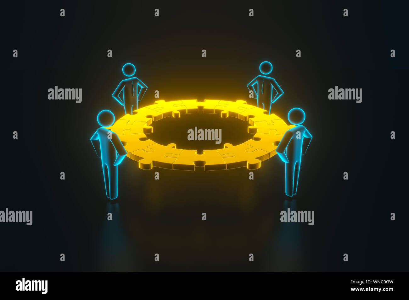 Four human 3d figures are holding pieces of a puzzle in their hands ...