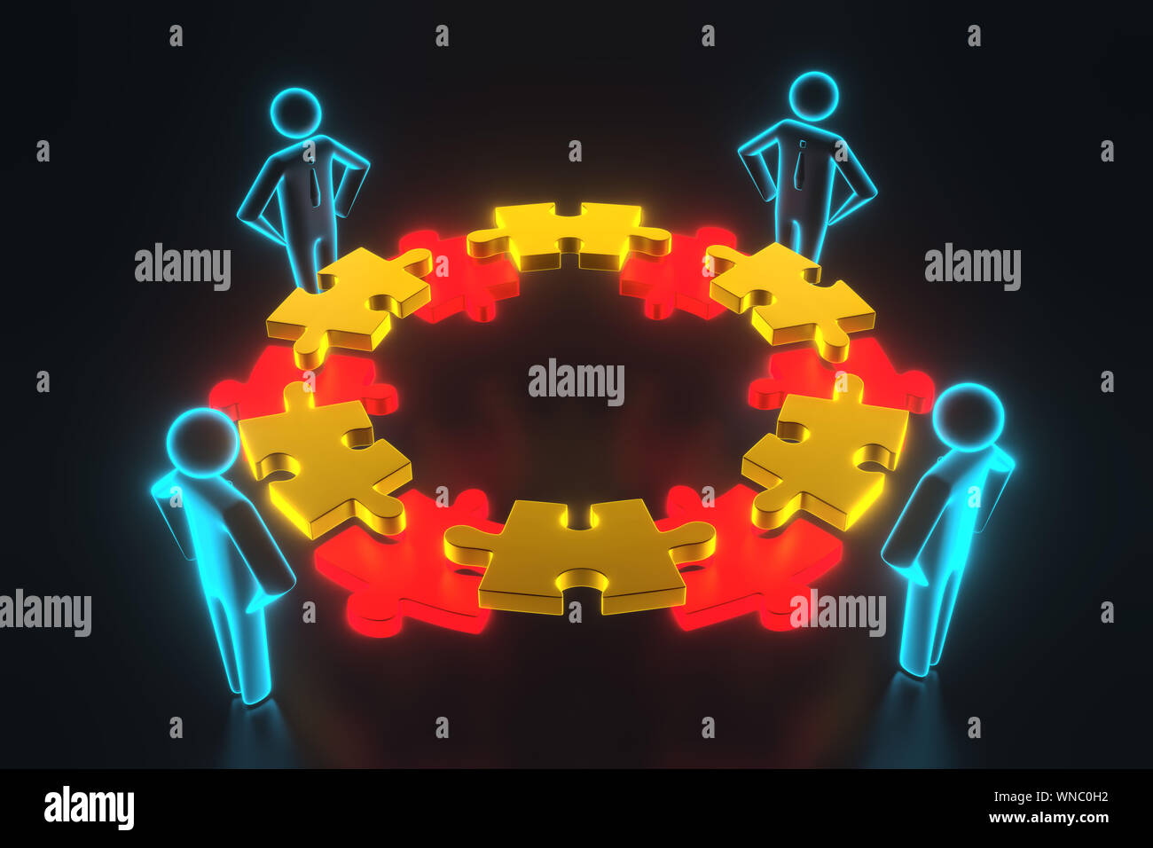 Four human 3d figures are holding pieces of a puzzle in their hands ...