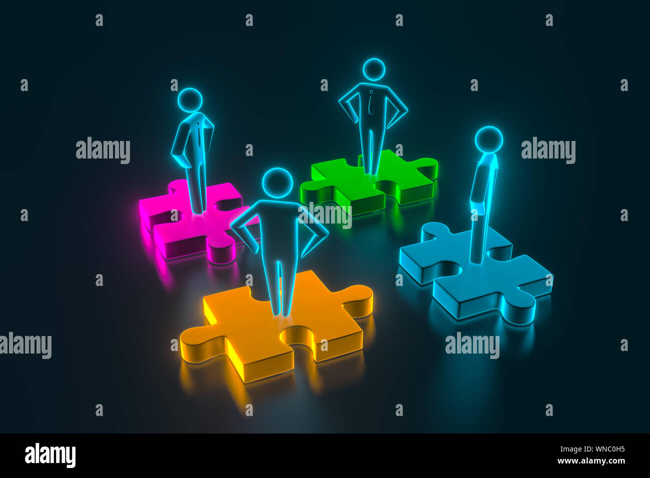 Four 3d man are standing on pieces of the puzzle. Teamwork concept. 3d ...