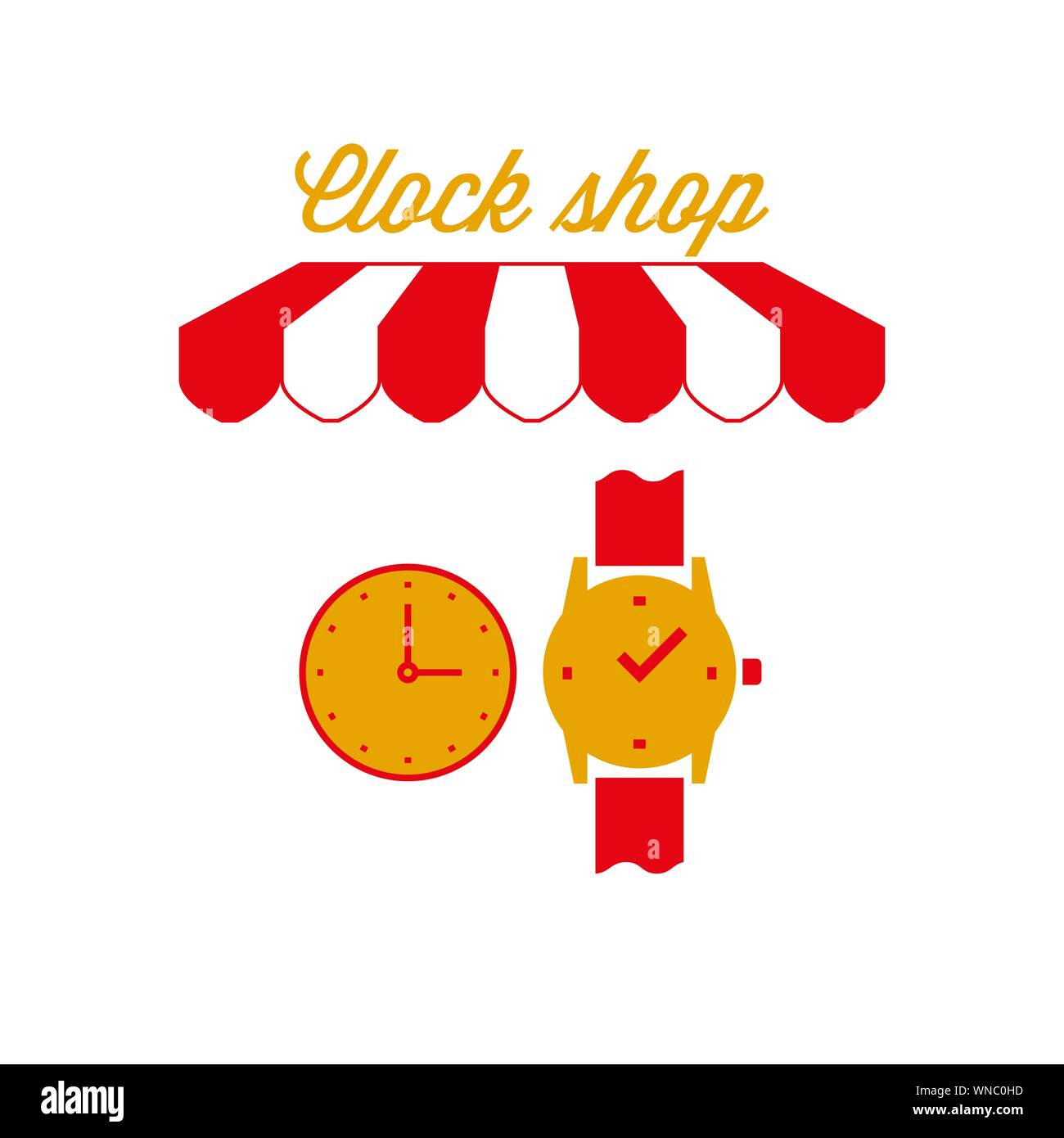 Clock Shop Sign, Emblem. Red and White Striped Awning Tent. Round Clock ...