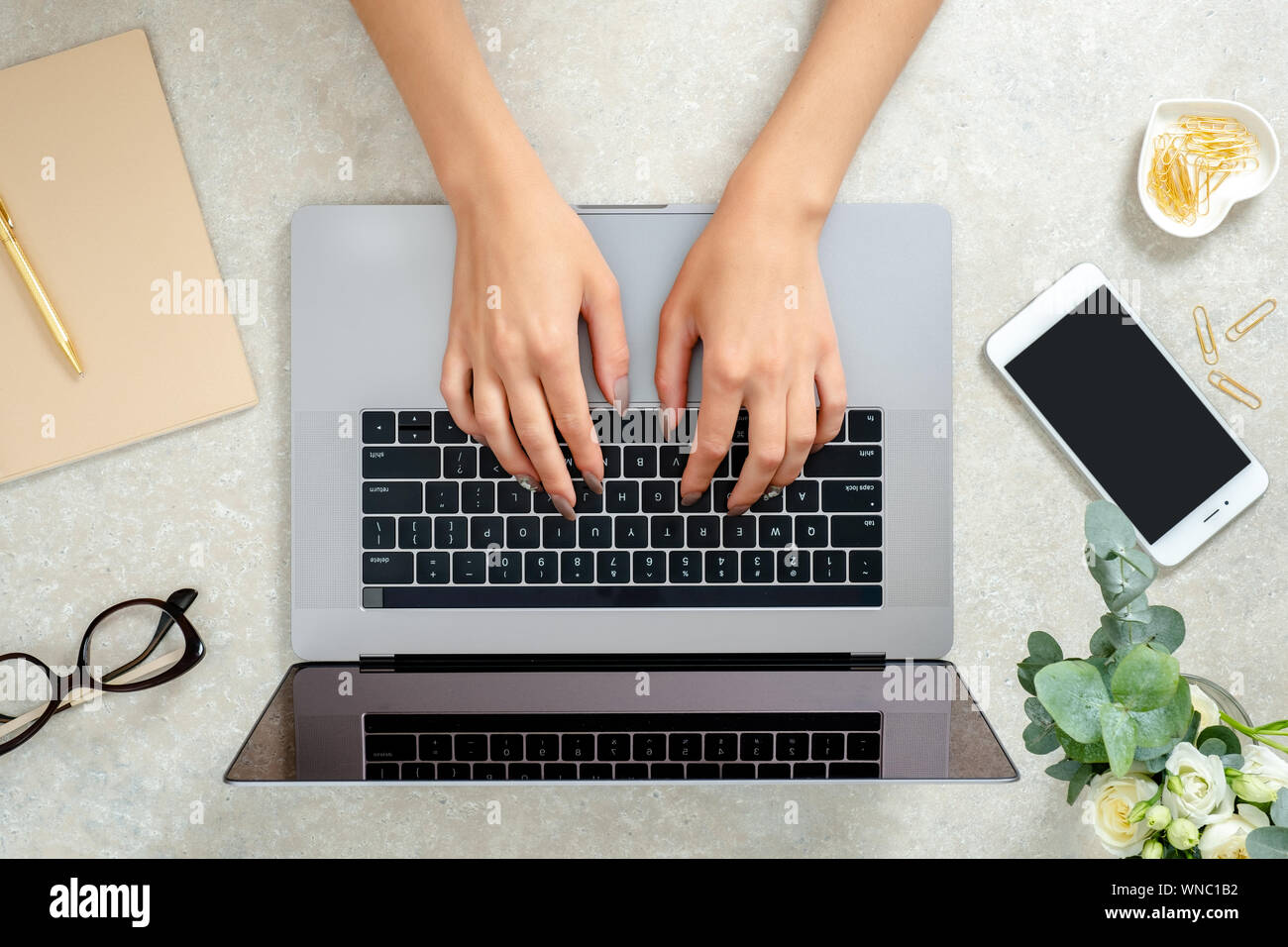 Writer workspace with laptop computer, blank copy space mockup screen ...