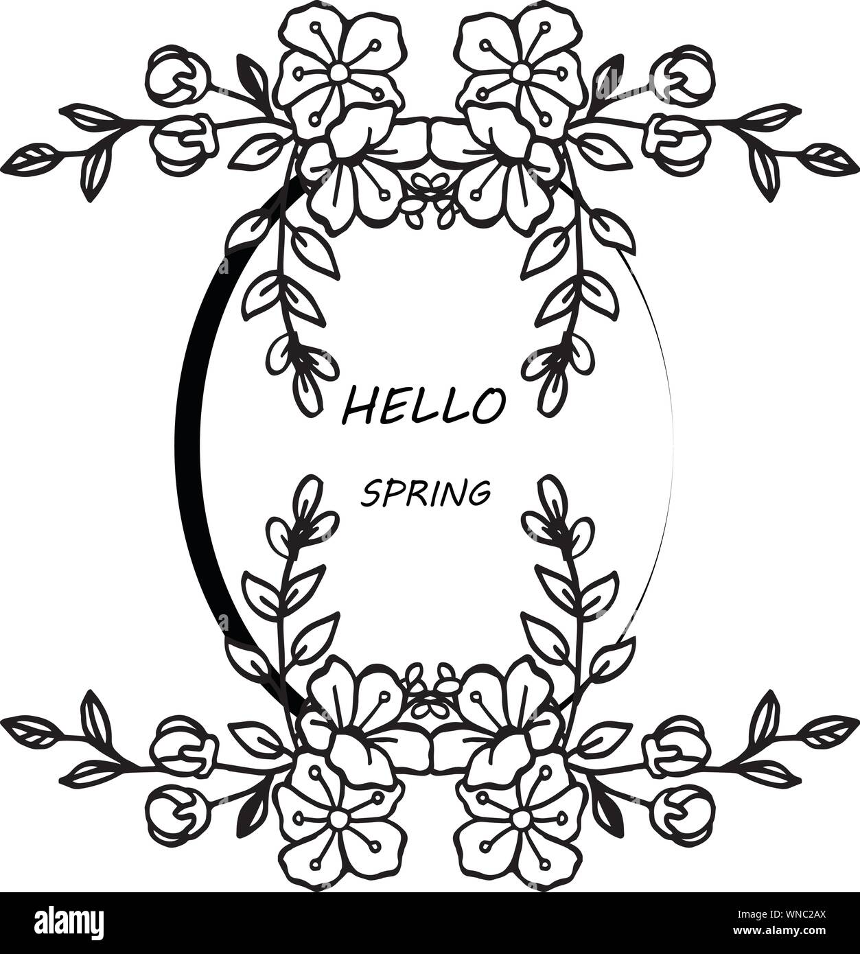 Black line art on white background, leaf flower frame, for card with ...