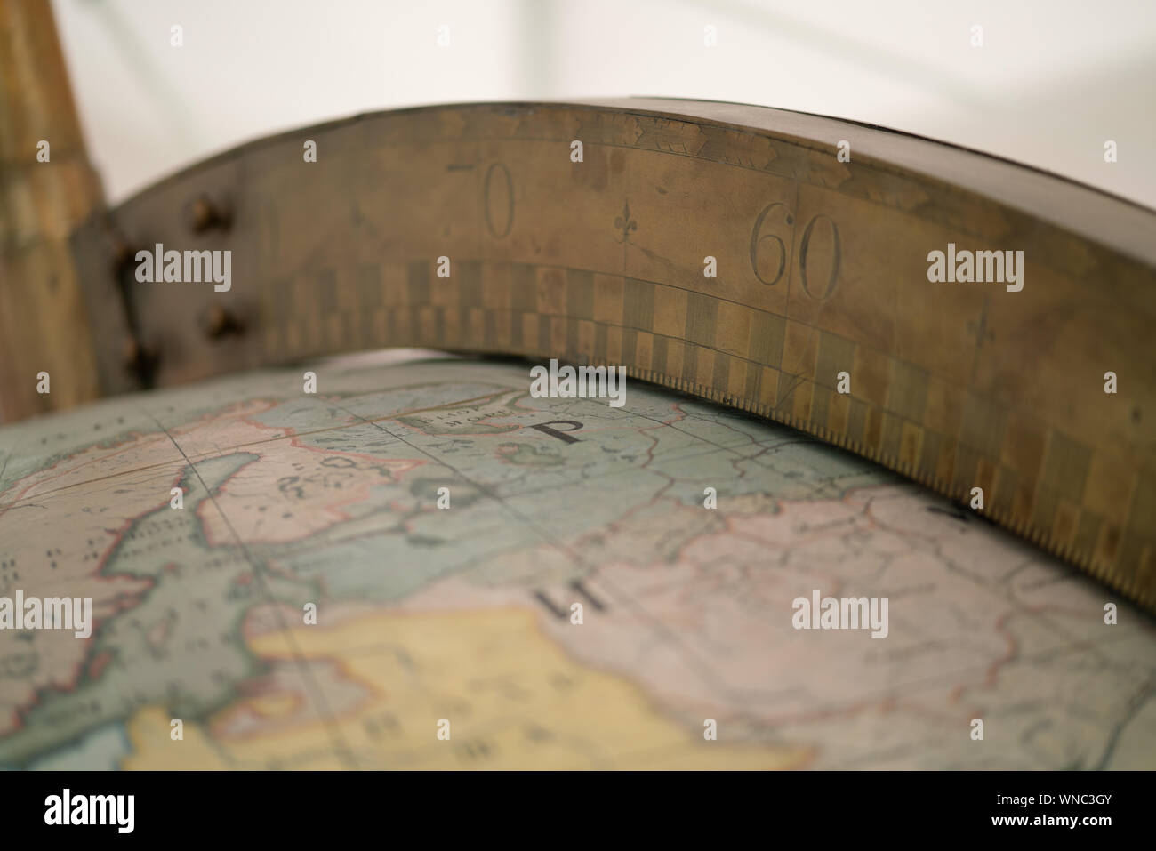 Studio close up of big round world retro globe with scale Stock Photo ...