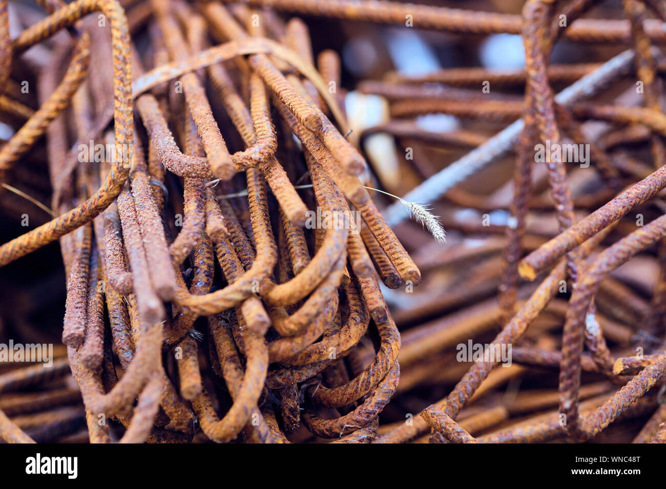 Rusty steel parts on a construction site with a blade of grass in ...