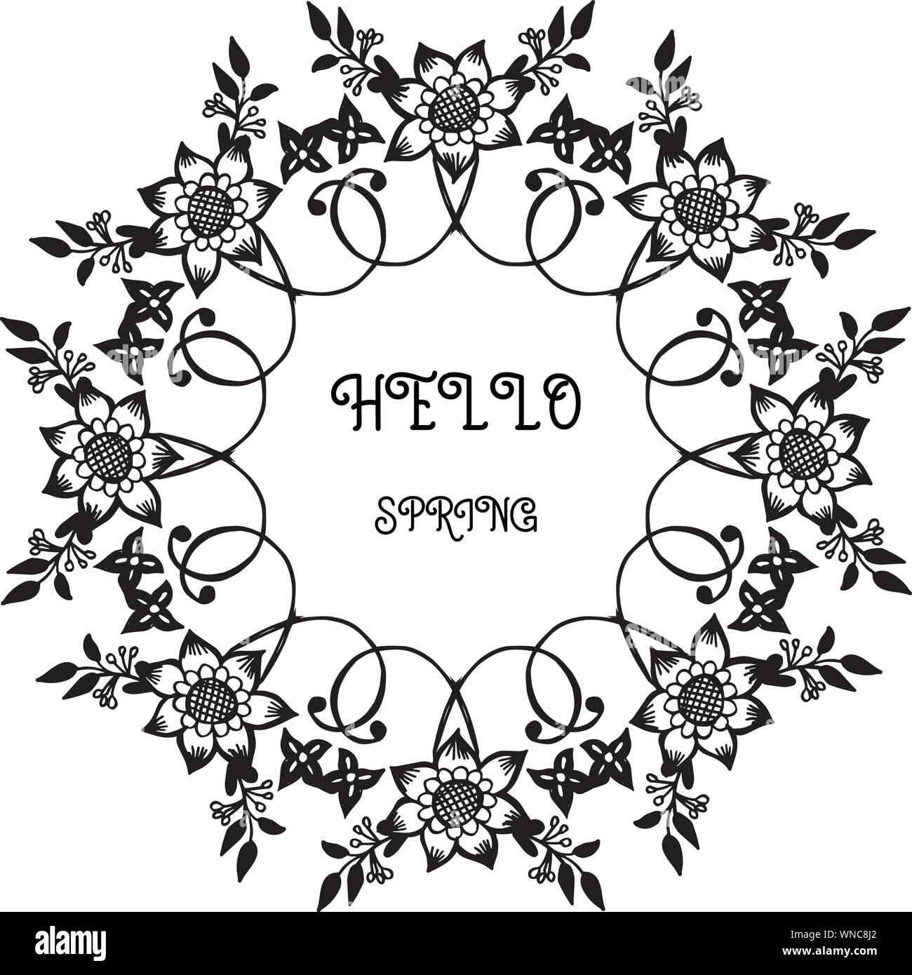 Lettering card design hello spring, with leaf flower frame on white ...