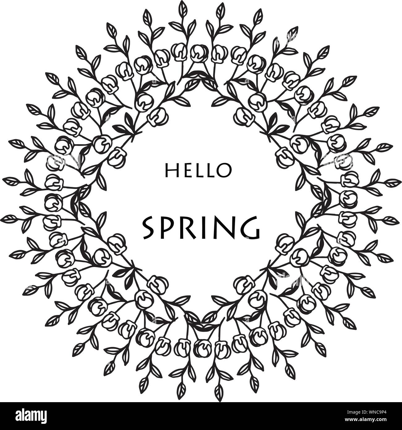 Hello spring background with hand drawn leaf floral frame. Vector Stock ...