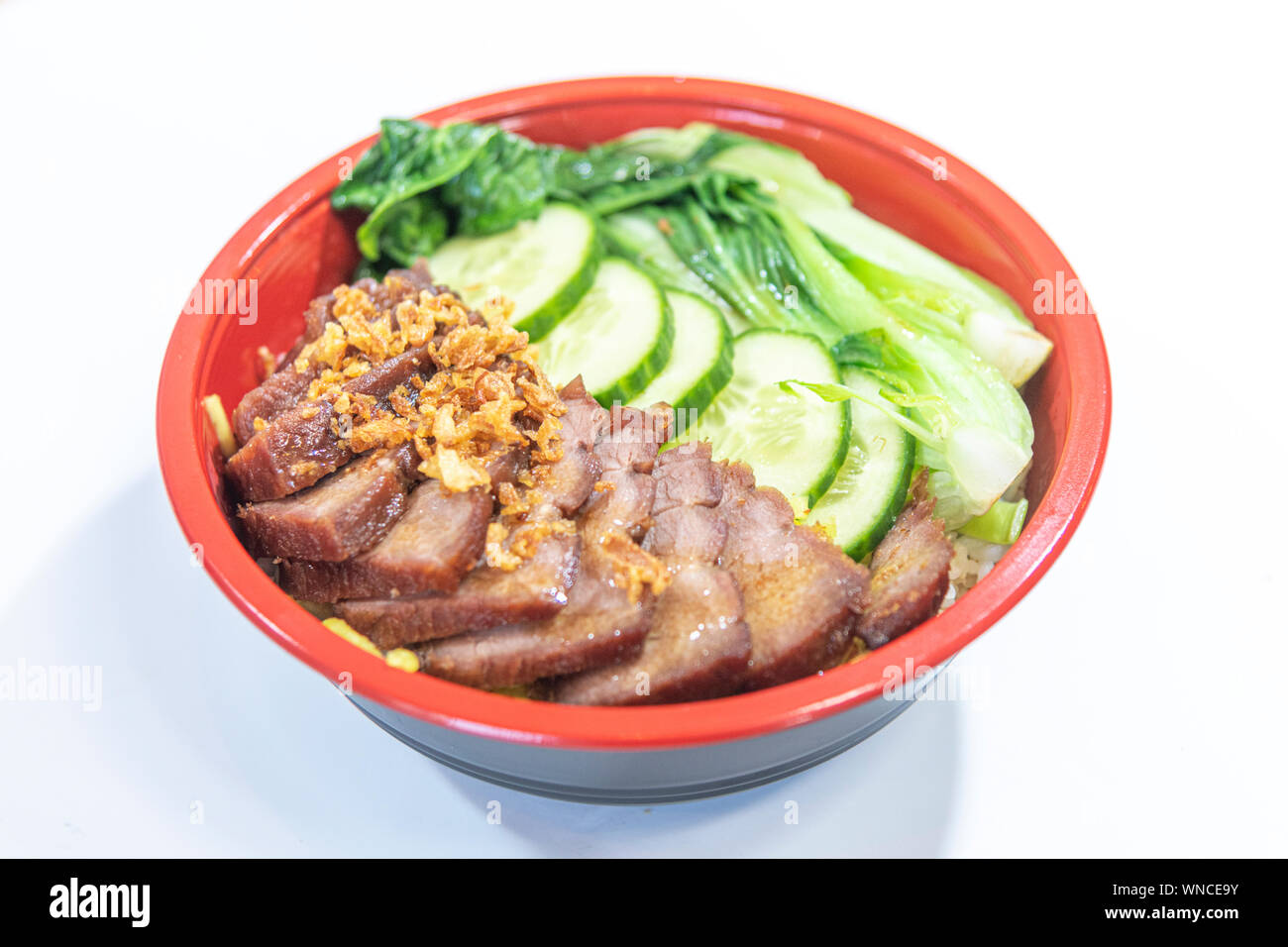Baked pork belly service with Chinese cabbage and fried rice Stock ...