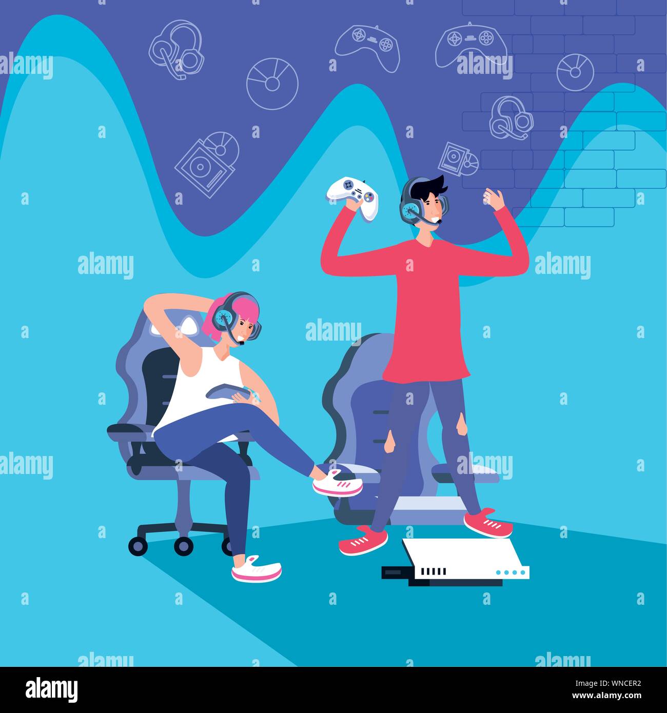young couple playing video game entertainment vector illustration ...