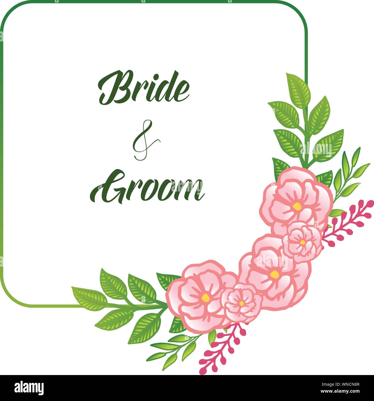 Design element of pink rose flower frame, for lettering of bride and ...