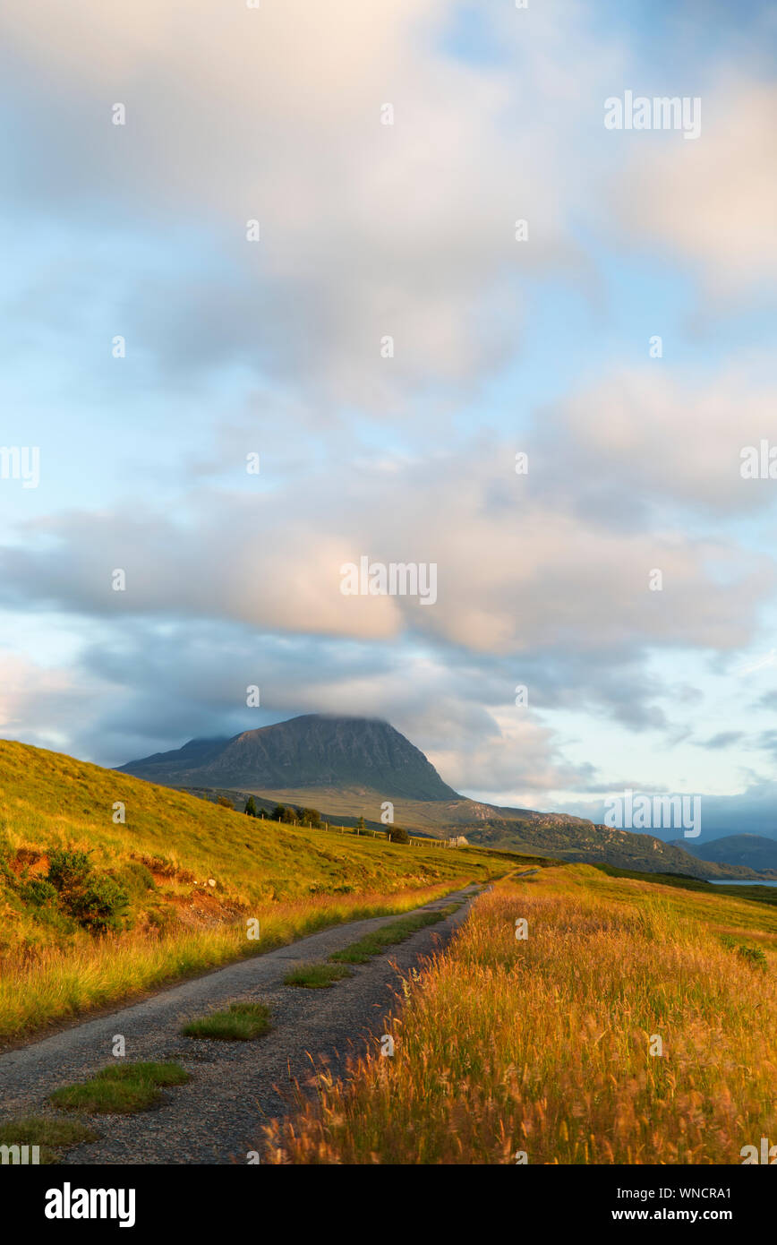 Road along Loch Hope with Ben Hope in the distance, Sutherland Stock ...