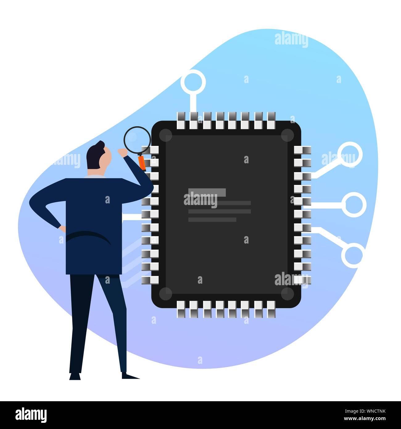 micro chip scanning with magnifying glass, searching for bugs designing ...