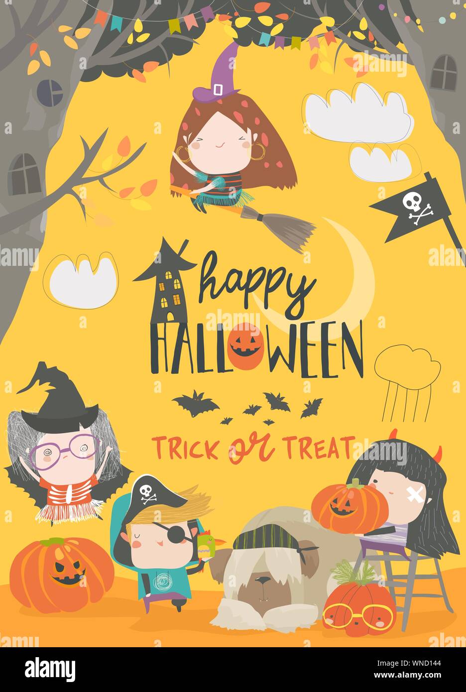 Funny children wearing in Halloween costumes. Trick or treat Stock ...