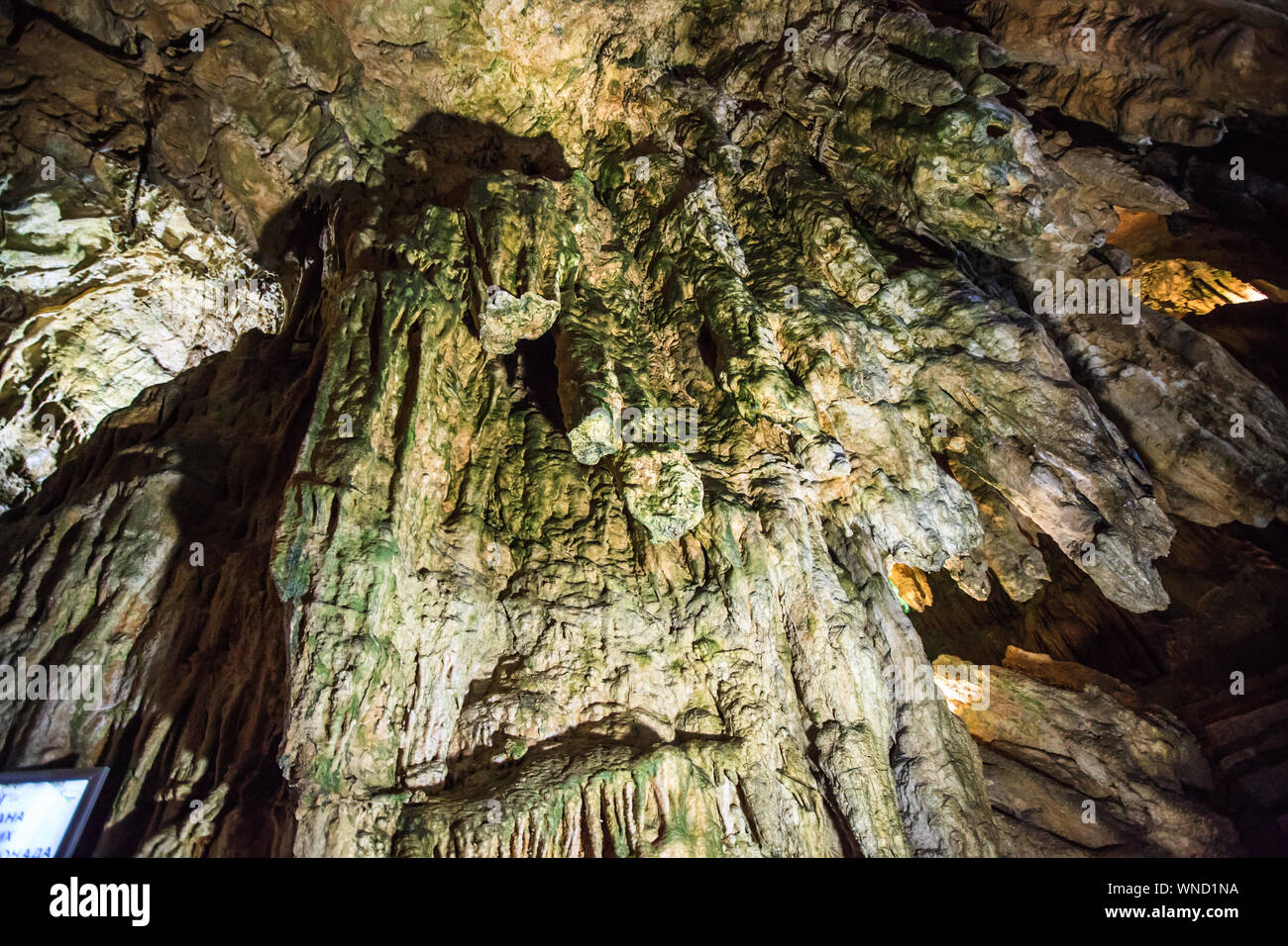 Cave decoration, massive columns of stalagmites and stalactites ...