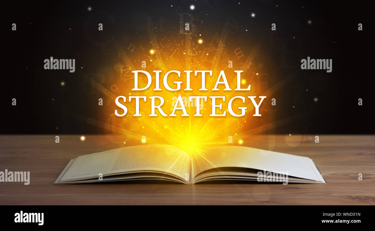 DIGITAL STRATEGY inscription coming out from an open book, educational ...