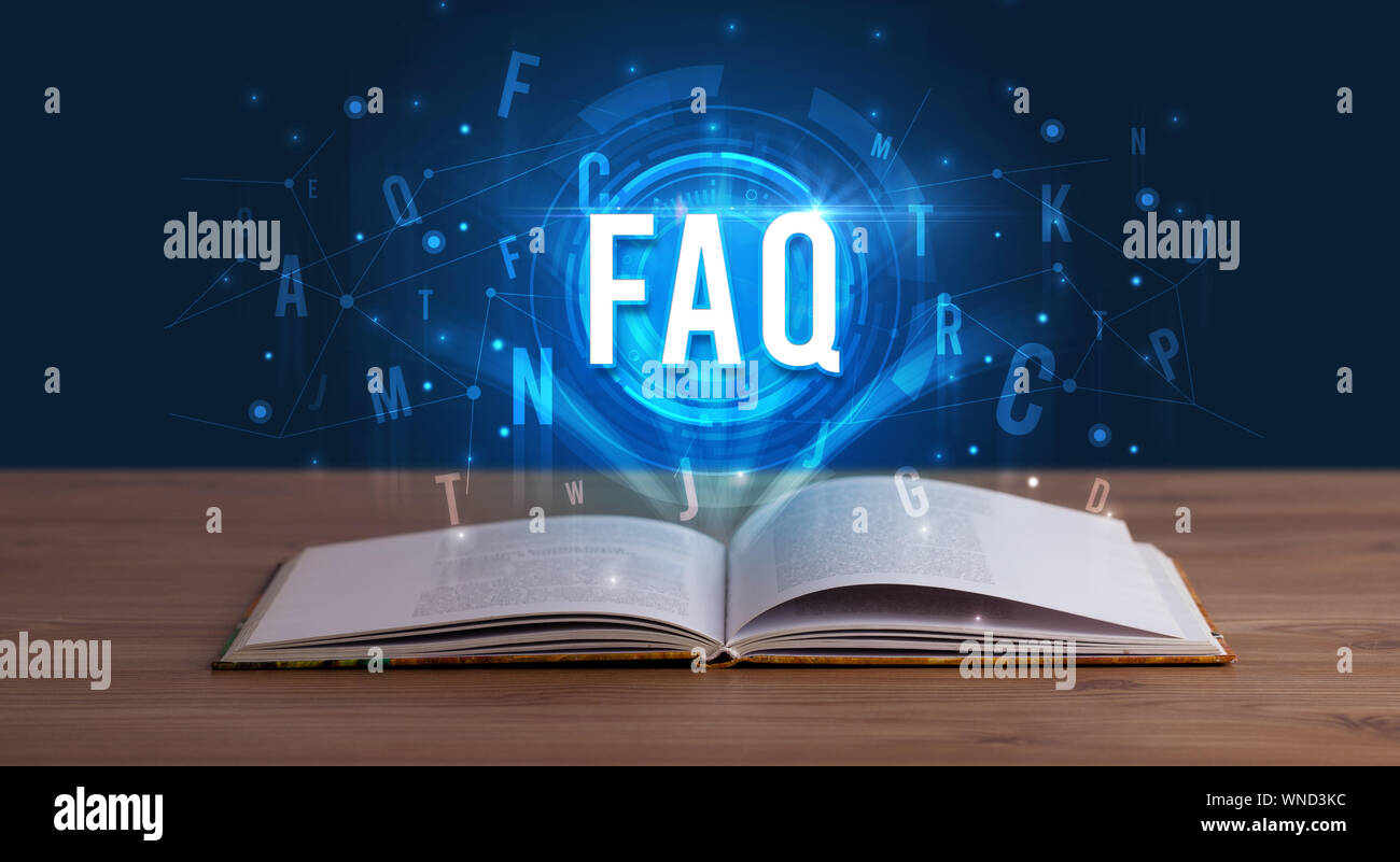 FAQ inscription coming out from an open book, digital technology ...