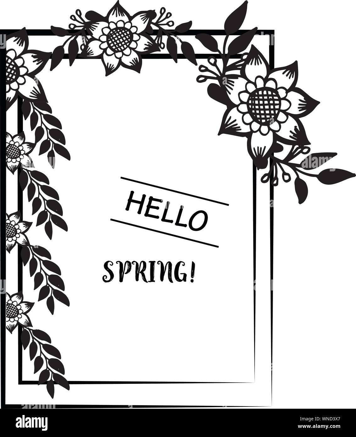 Card sketch of hello spring, with shape art unique leaf flower frame ...