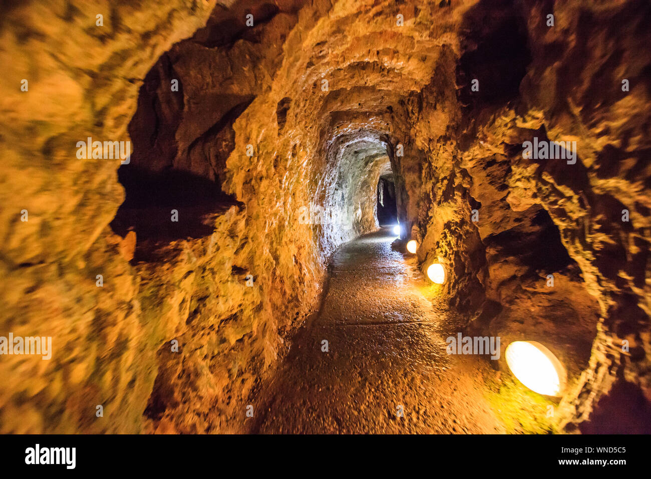 Tunnel Inside the cave with lights. Mysterious underground cave. Resava ...