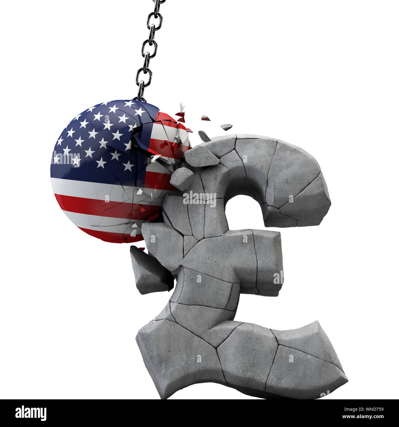 USA ball smashing a pound sterling symbol. UK economy. 3D Render Stock ...