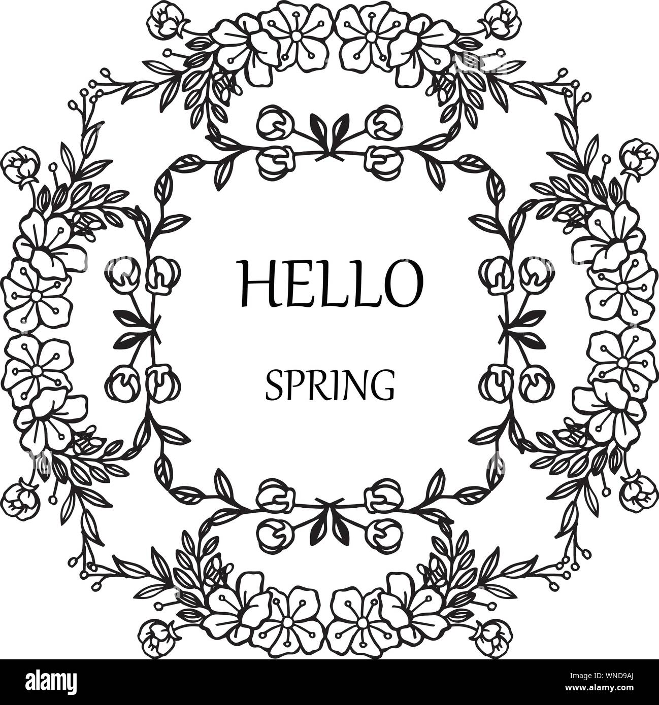 Lettering of hello spring, with leaf floral frame on white background ...