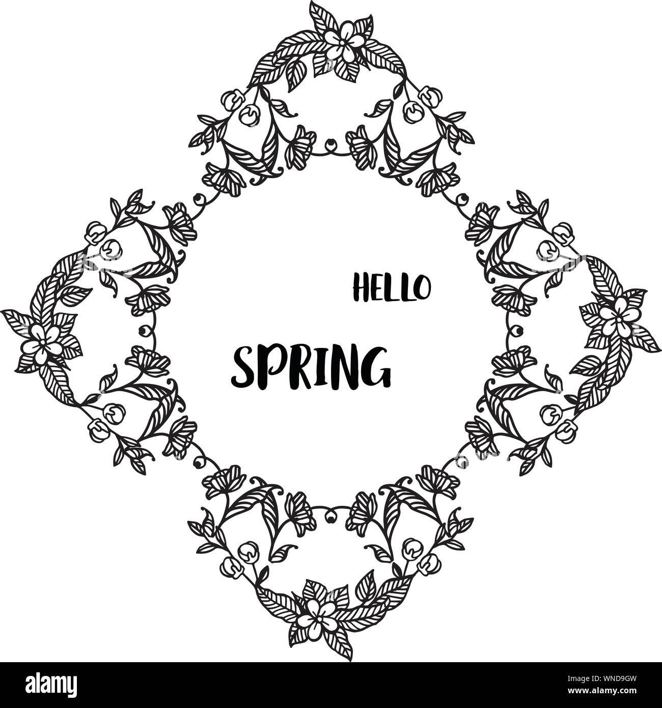 Lettering of hello spring, with leaf floral frame on white background ...