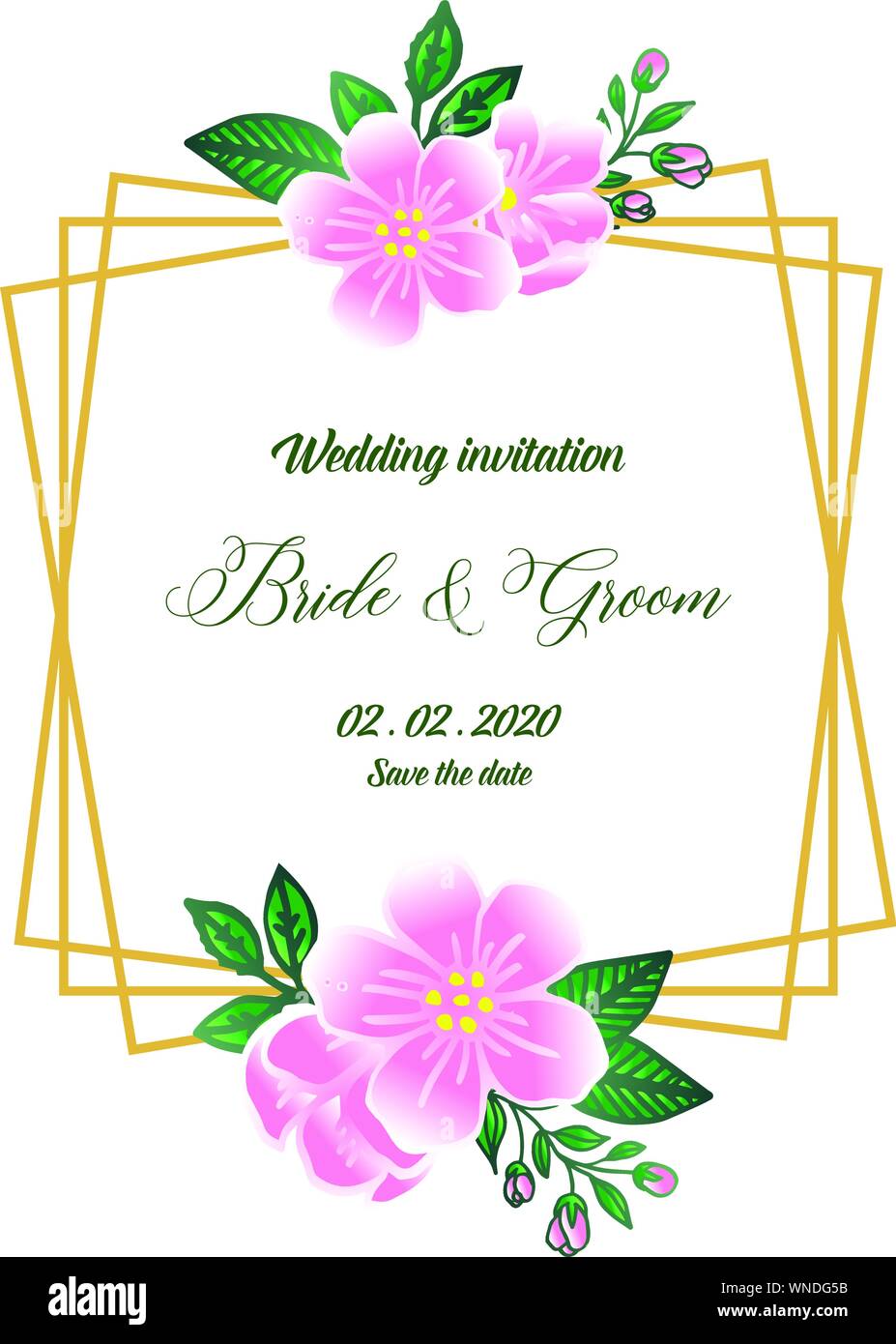 Elegant bride and groom invitation card, with nature pink flower frame ...