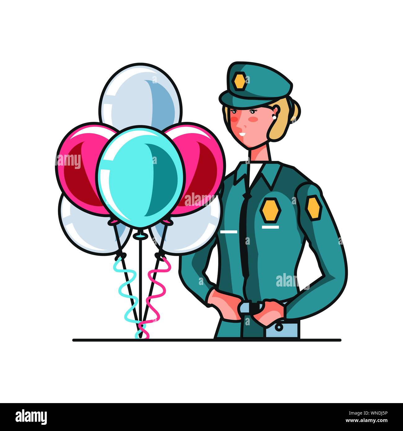 female police officer with balloons helium labor day celebration vector ...