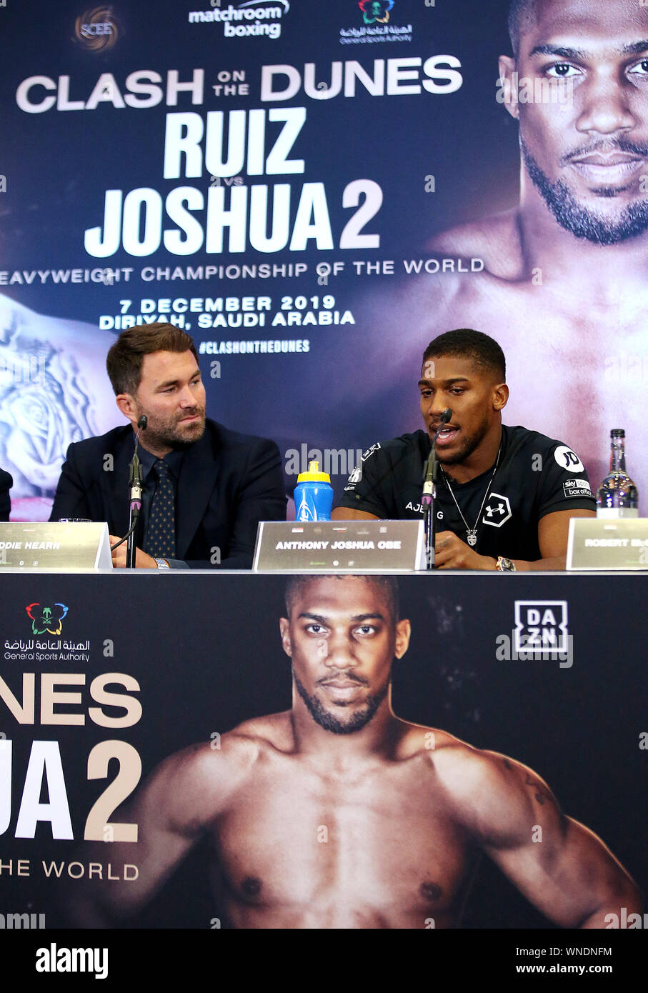 Promoter Eddie Hearn and Anthony Joshua during a press conference at ...