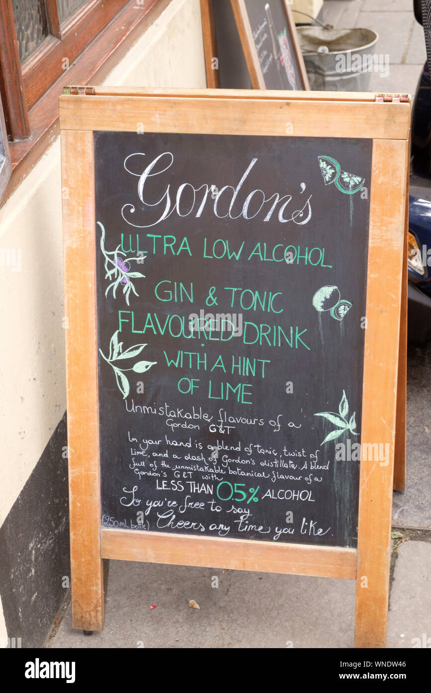 A Board Outside Old Green Tree Pub in Bath. Showing Low alcohol Gin and ...