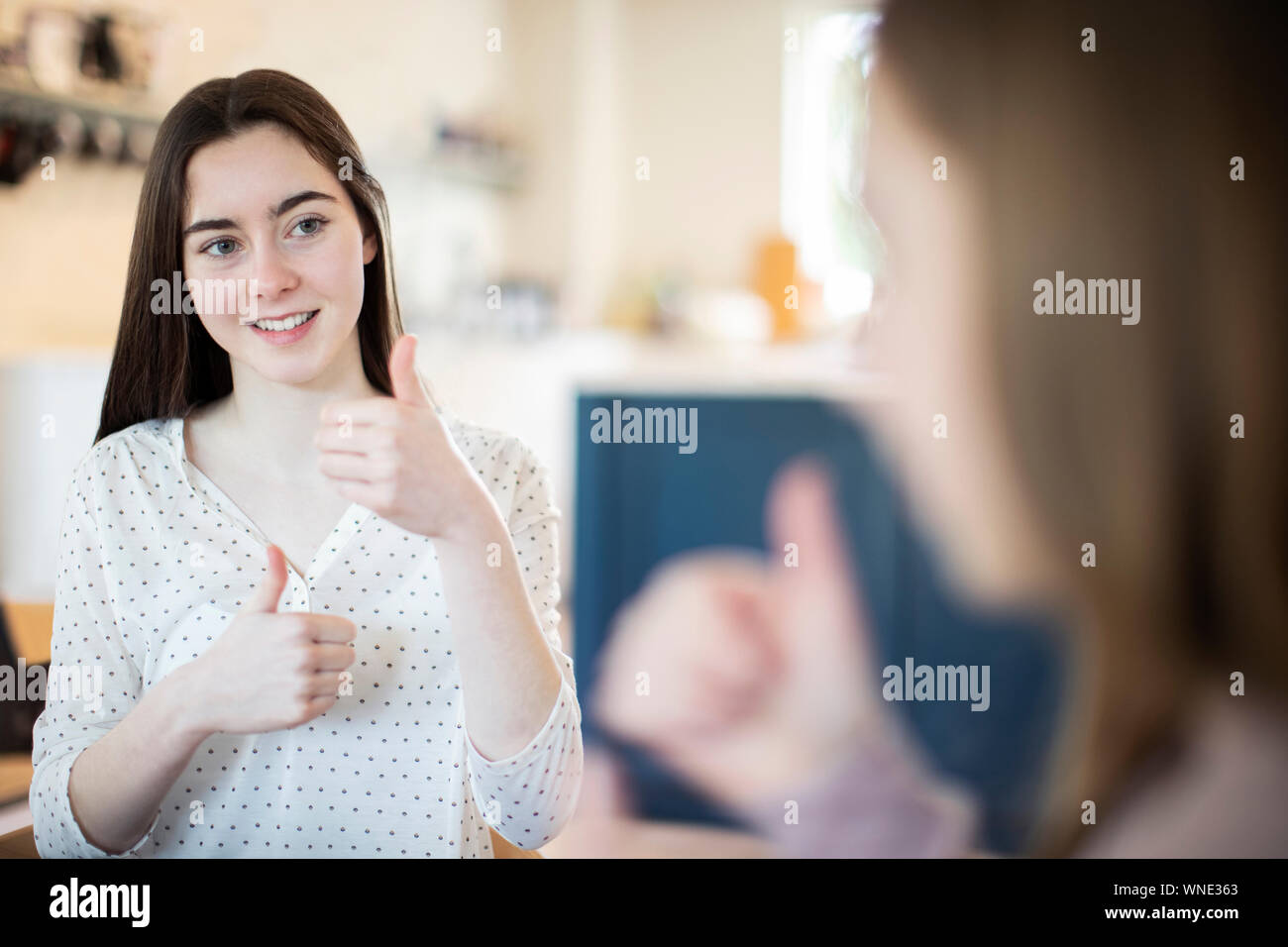 Two Teenage Girls Having Conversation Using Sign Language Stock Photo ...