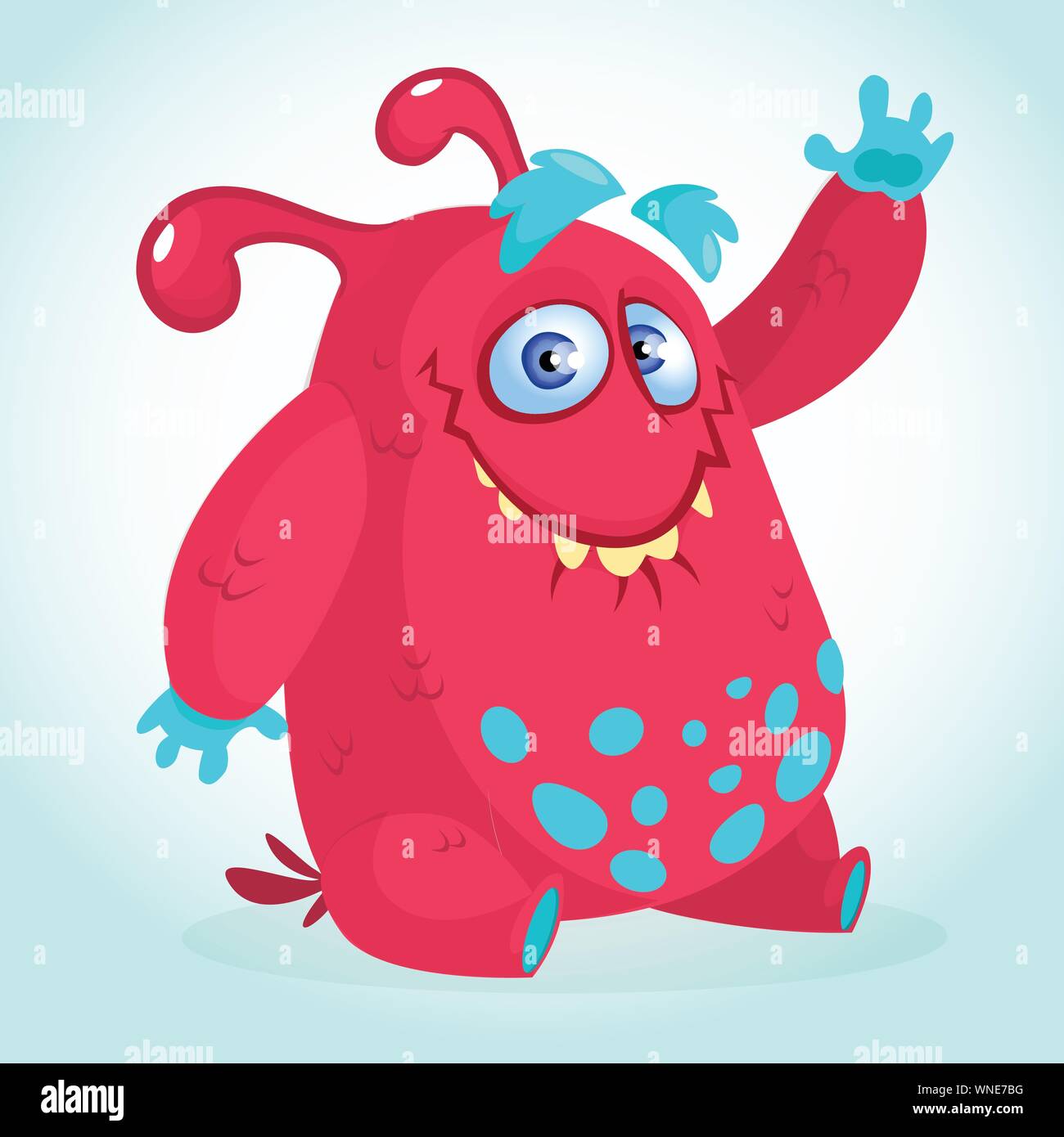 Happy cartoon monster. Halloween vector horned fat monster sitting and ...