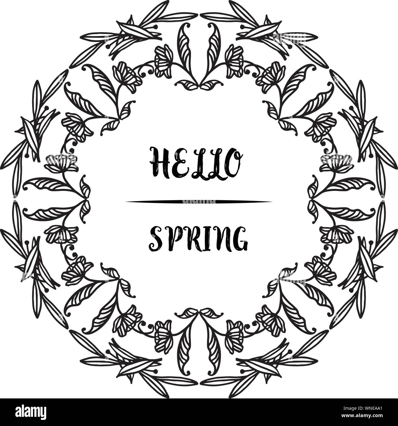 Hello spring background with hand drawn leaf floral frame. Vector Stock ...