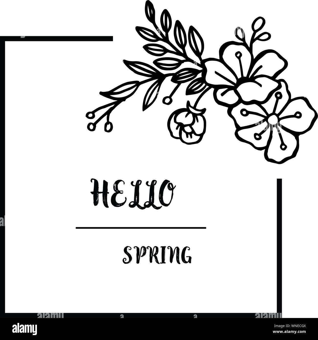 Lettering of hello spring, with leaf floral frame on white background ...