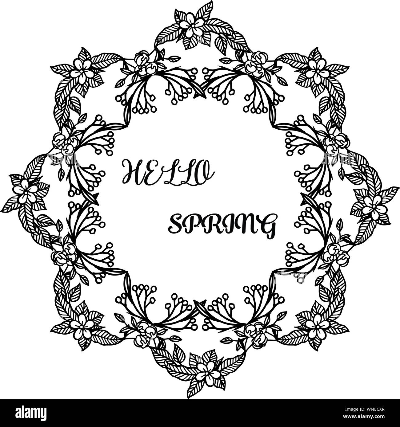 Lettering of hello spring, with leaf floral frame on white background ...
