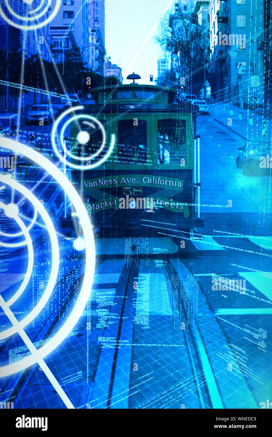 Composite image of binary codes and lines Stock Photo - Alamy