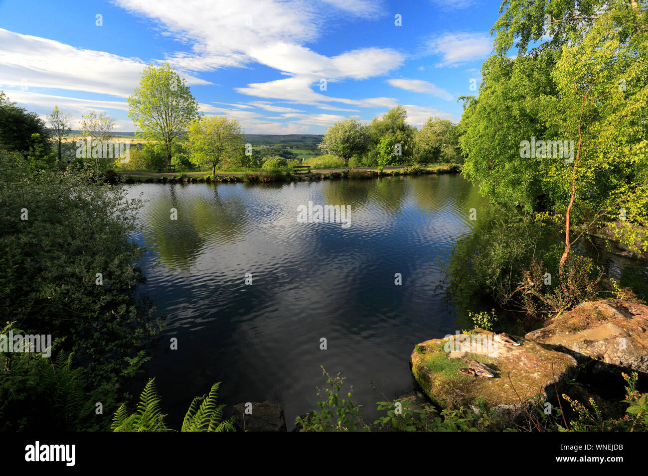 View over Ilkley Moor Tarn, above the town of Ilkley, West Yorkshire ...