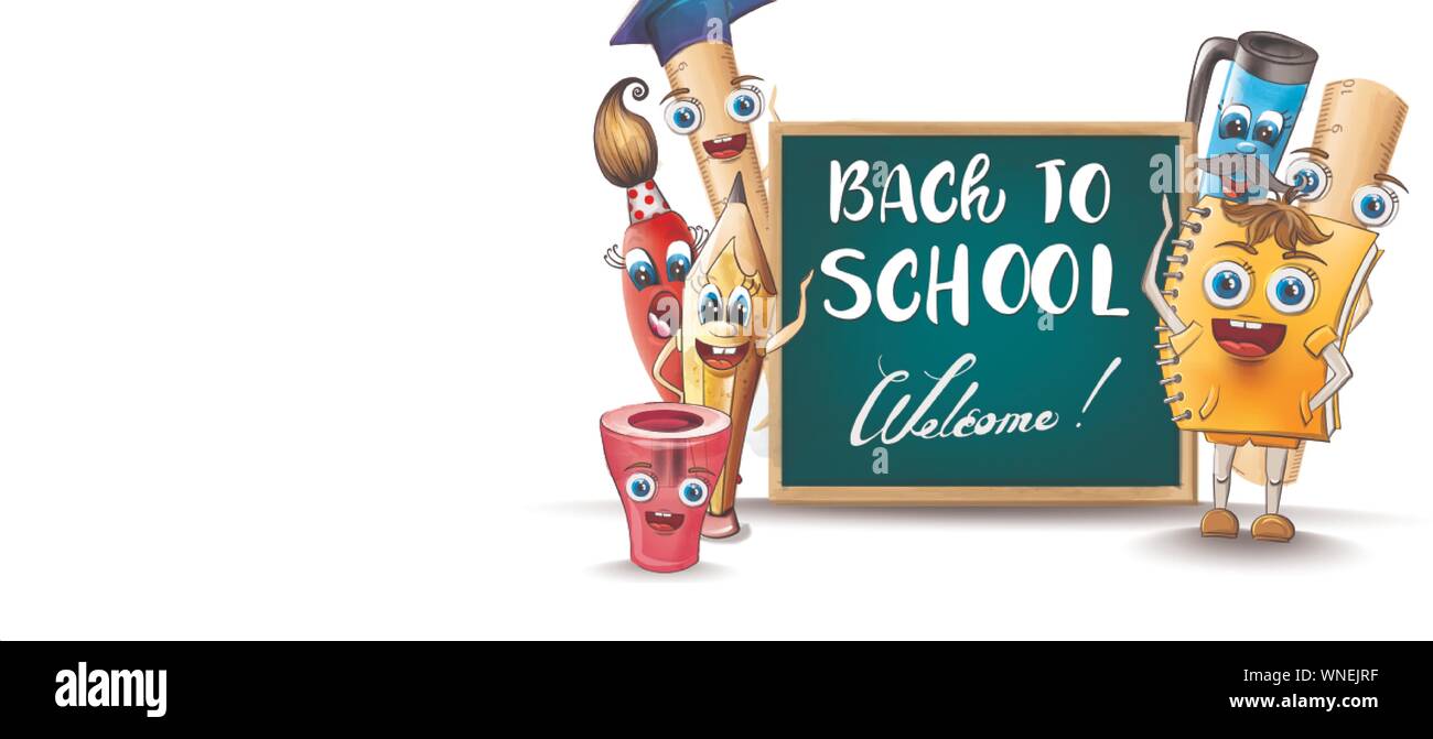 Back to school cartoon characters Vector watercolor. School supplies ...