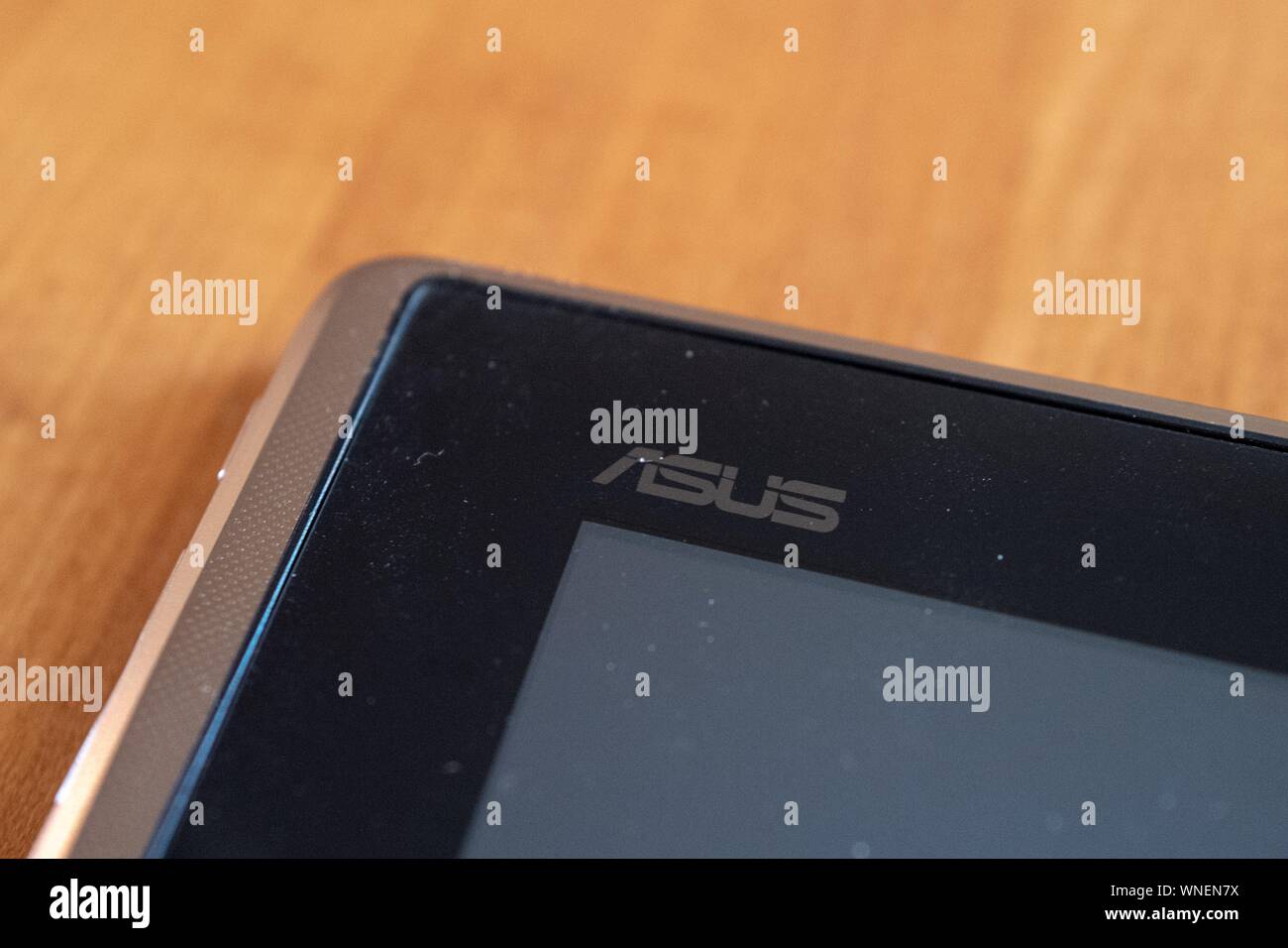 Close-up of logo for Taiwanese electronics manufacturer AsusTek ...