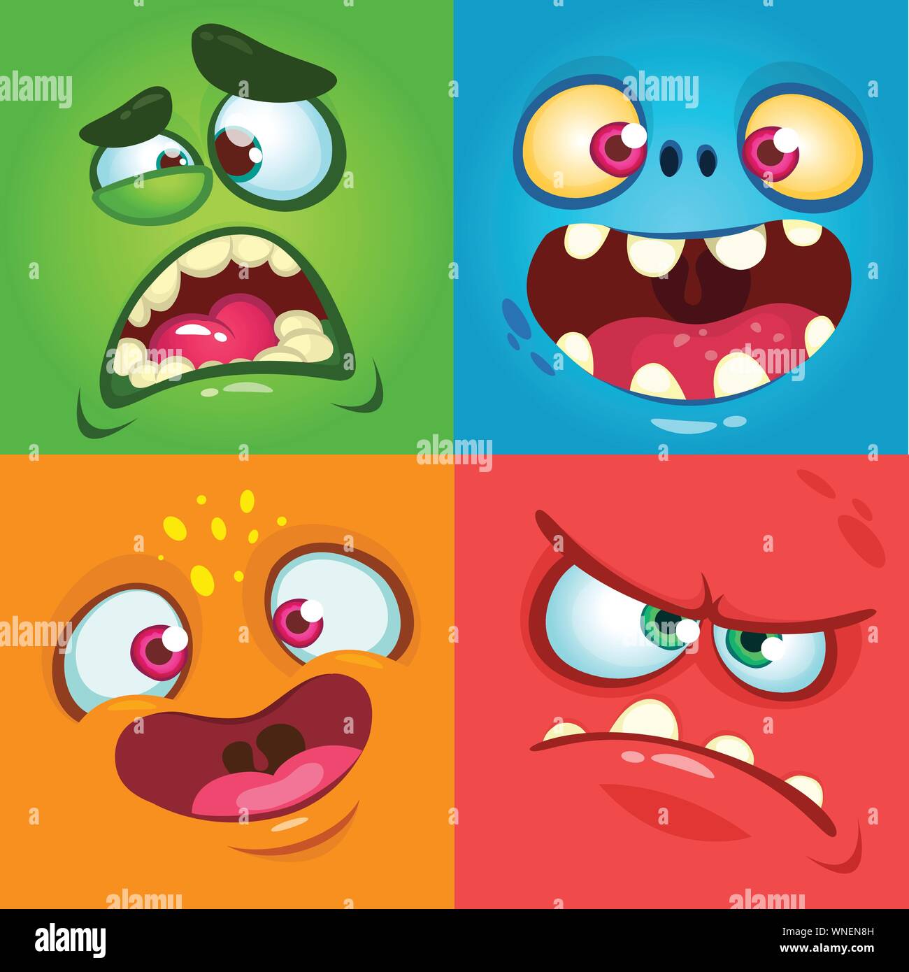 Cartoon monster faces set. Vector set of four Halloween monster faces ...