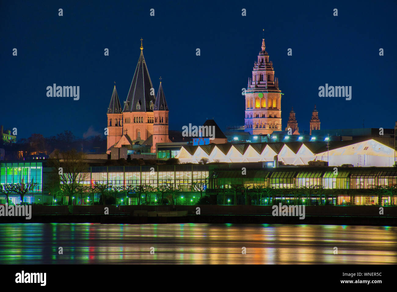 night cityscape of Mainz city with the St. Martins Dom, the landmark of ...