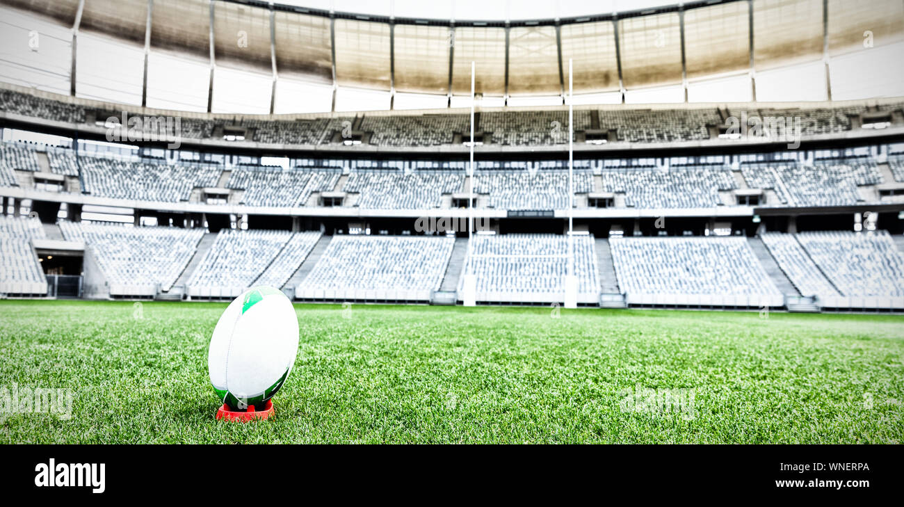 Rugby ball on a stand in a stadium Stock Photo - Alamy