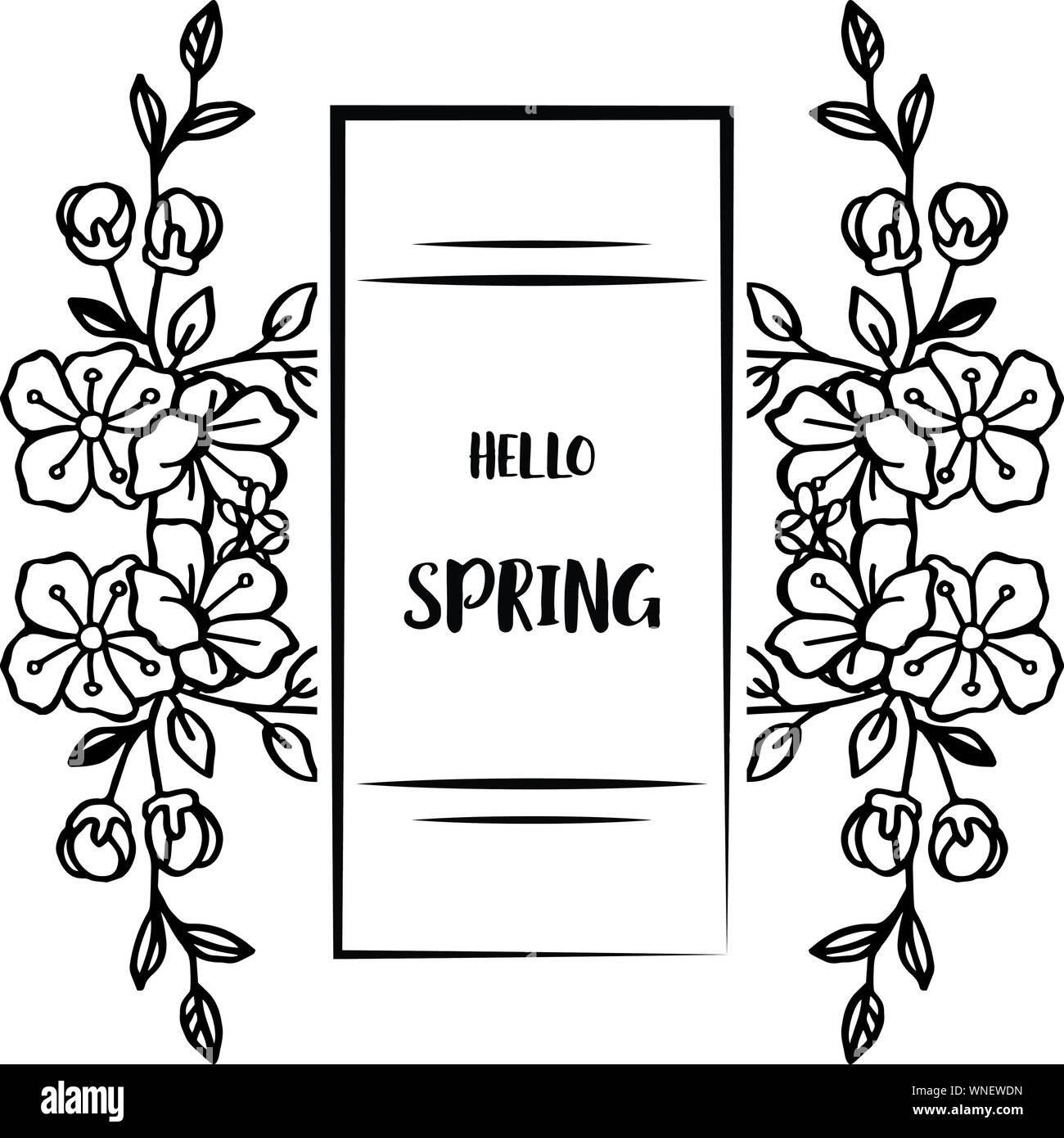 Black line art on white background, leaf flower frame, for card with ...